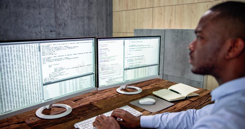 African American Coder Using Computer At Desk Stock Image Image Of