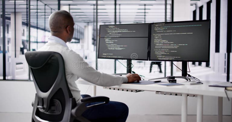 African American Coder Using Computer At Desk Stock Image Image Of