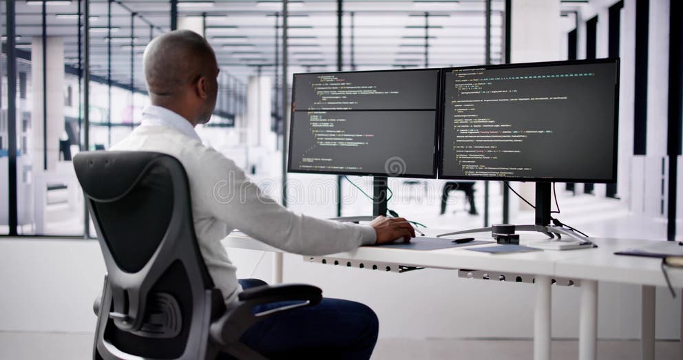 African American Coder Using Computer at Desk Stock Image - Image of black, monitors: 306007577