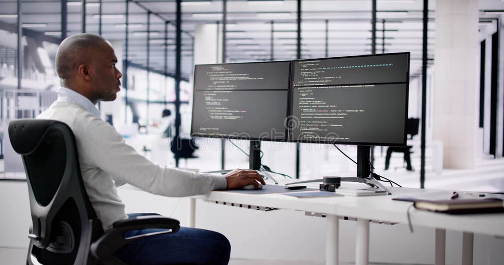African American Coder Using Computer at Desk Stock Photo - Image of coding, developer: 306880054