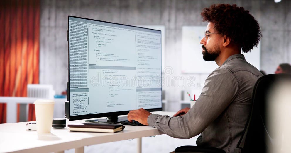 African American Coder Using Computer at Desk Stock Photo - Image of coder, program: 341299690