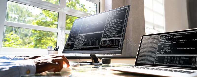 African American Coder Using Computer at Desk Stock Image - Image of ...
