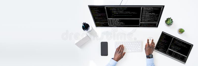 African American Coder Using Computer at Desk Stock Photo - Image of ...