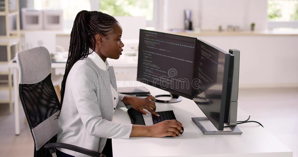 African American Coder Using Computer at Desk Stock Photo - Image of ...