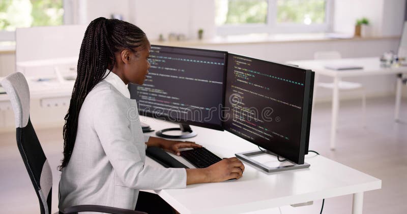 African American Coder Using Computer at Desk Stock Photo - Image of ...