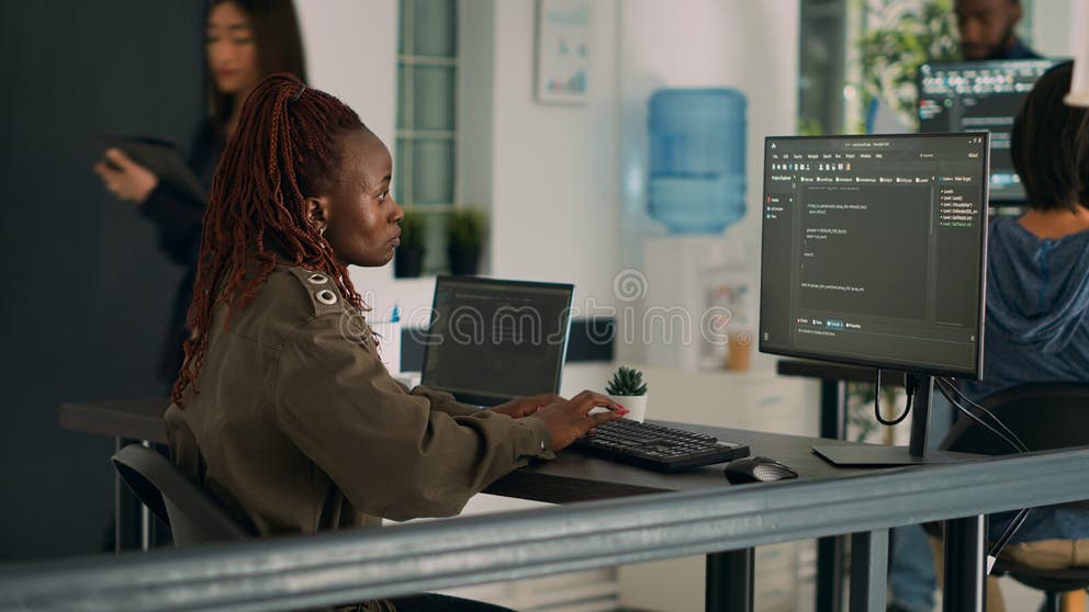 African American Coder Writing Programming Language on Computer Stock Image - Image of server ...