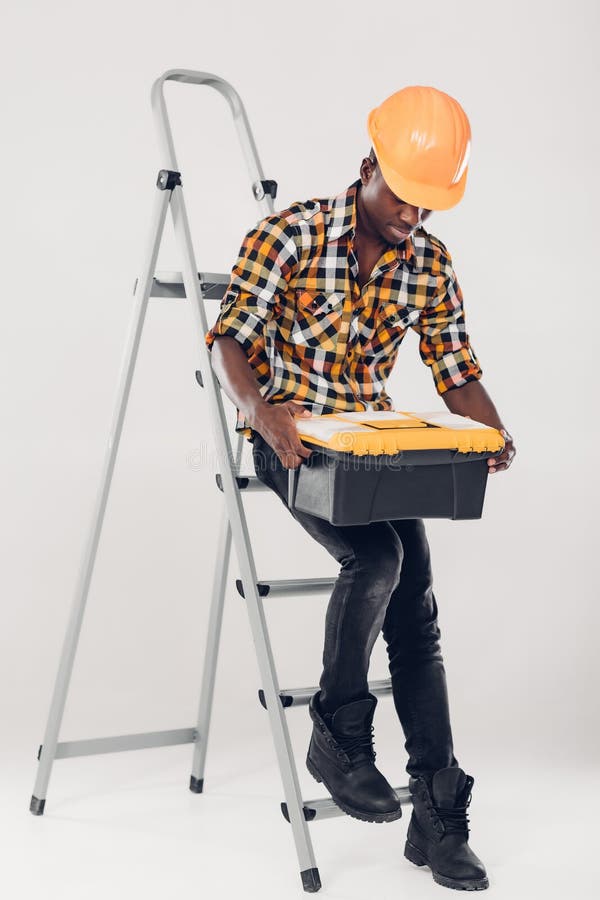 African American Worker with Tool Box Stock Photo - Image of handyman ...