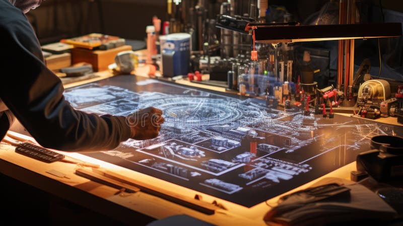 African American Engineer Working on a Model of a Building in a Dark ...