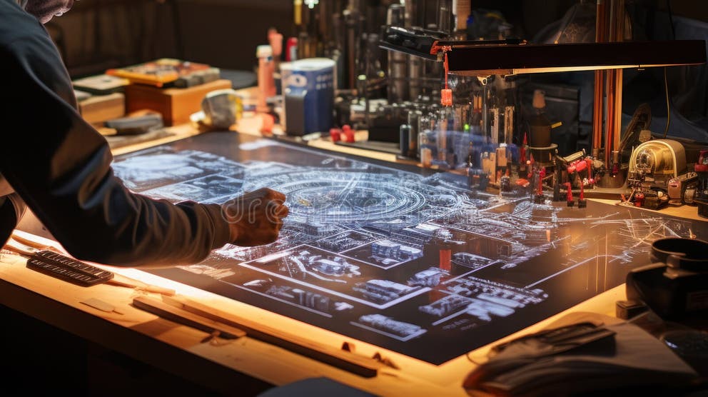African American Engineer Working on a Model of a Building in a Dark ...