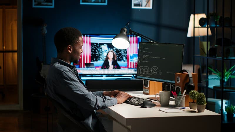 African American Expert Desk Using Pc Programming Data Analysis Stock ...