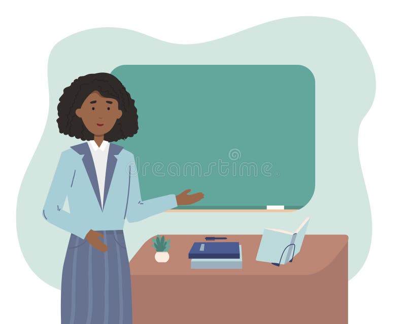 Cartoon Female Teacher Standing Next To Blackboard Stock Illustrations