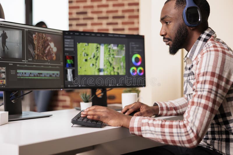 African American Filmmaker Editing Audio Film Montage Stock Image ...