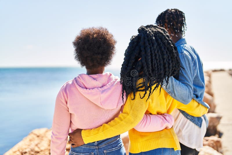 African American Friends Hugging Each Other on Back View at Seaside ...