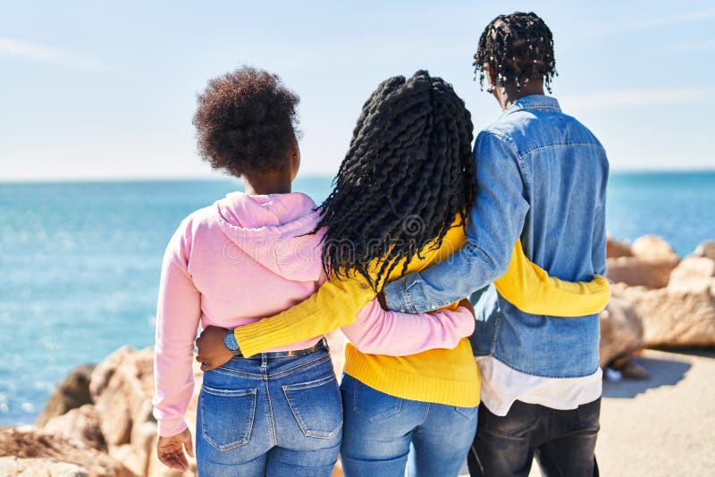 African American Friends Hugging Each Other on Back View at Seaside ...