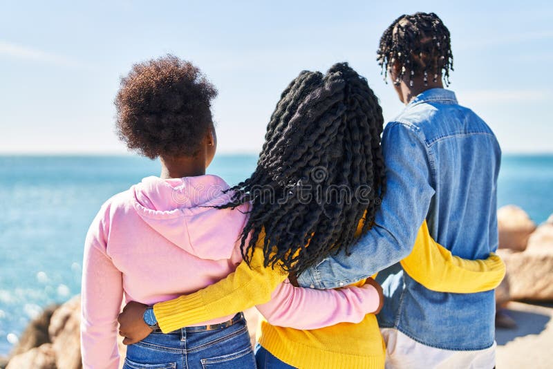 African American Friends Hugging Each Other on Back View at Seaside ...