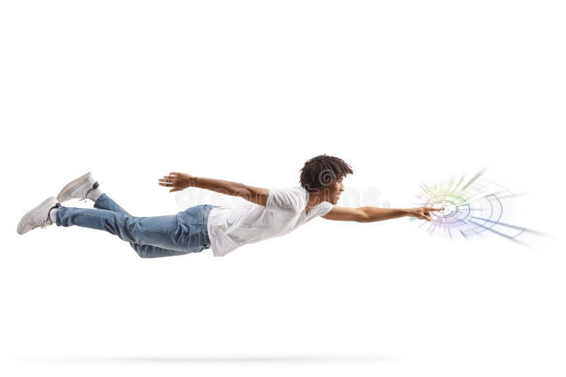 African American Guy Flying and Touching a Digital Network Stock Image ...