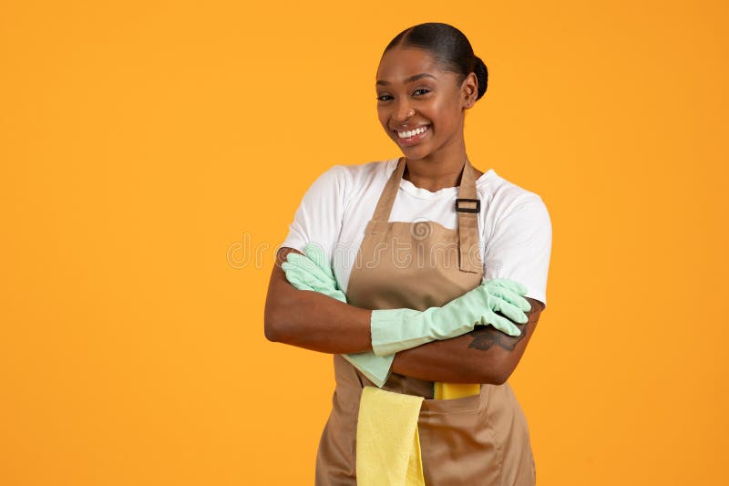 African American Lady Cleaner in Apron Posing Crossing Hands, Studio ...