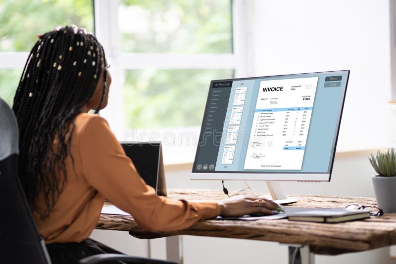 African American Lady Using Computer Stock Image - Image of office ...