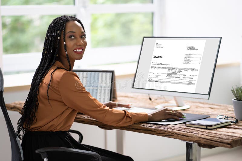 African American Lady Using Computer Stock Image - Image of desk ...