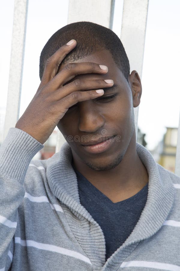 African American Male Model Hand on Head Thinking or Pondering Stock ...