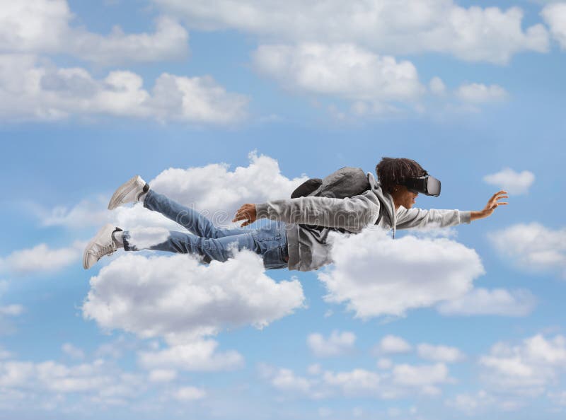 African American Male Student Flying with a Vr Headset Stock Image ...
