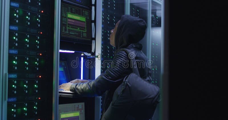 Two Hackers Finishing Attack and Escaping a Smokey Data Center Stock ...