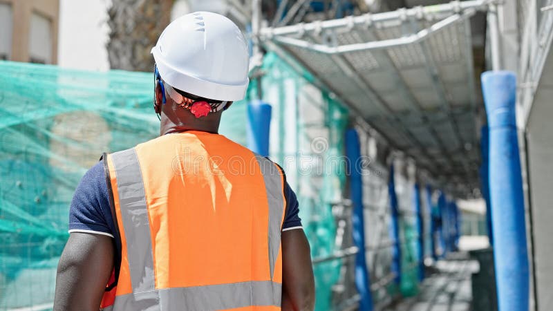 African American Man Builder Standing Backwards at Construction Place ...
