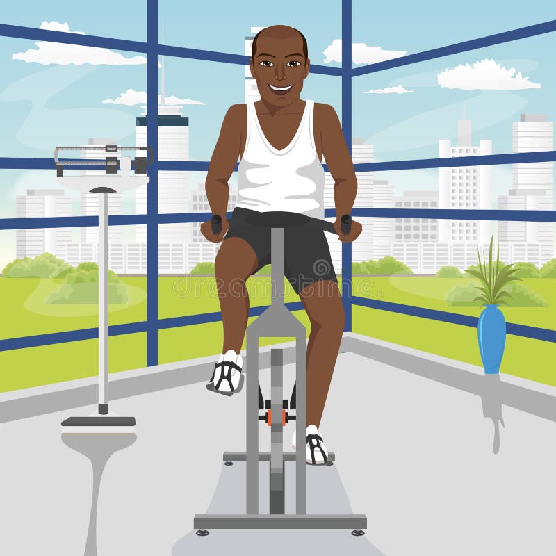 African American Man Doing Exercise on Bike at Gym Stock Vector ...
