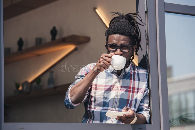 African American Man Drinking Coffee Stock Image - Image of excited ...