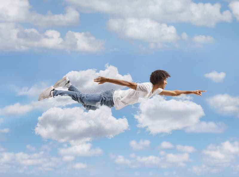 African American Man Flying in the Sky Stock Photo - Image of male ...