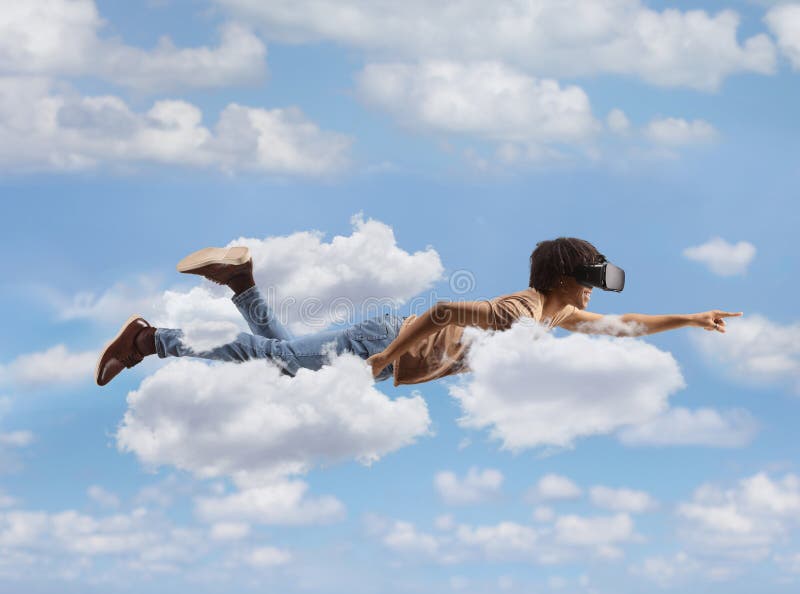 African American Man Flying and in the Sky with a Vr Stock Image - Image of leisure, pointing ...