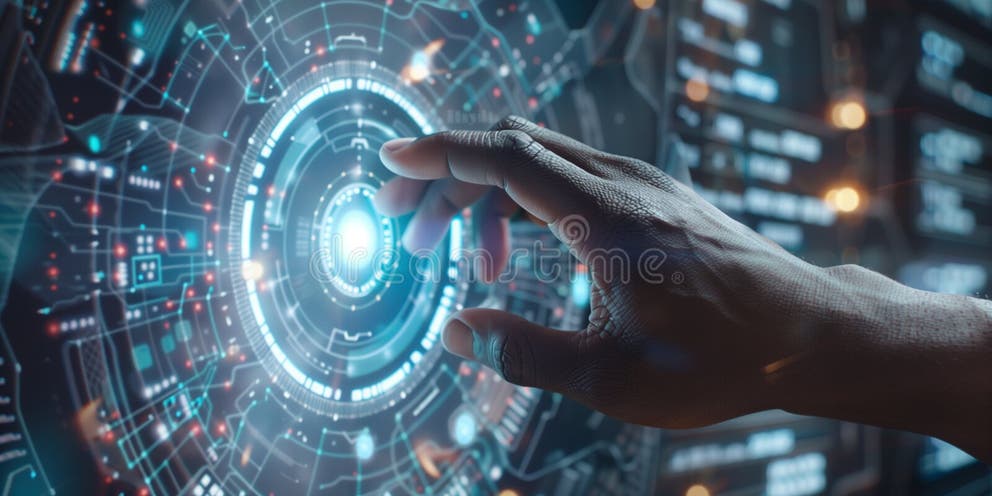 African American Man Hand Above the Blue Bright Button on Circle Panel ...