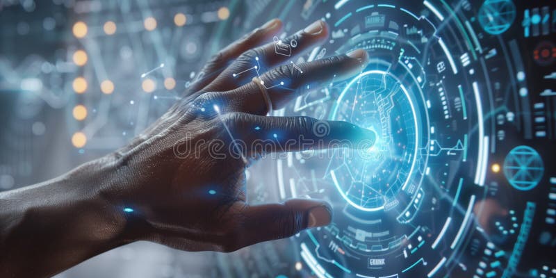 African American Man Hand Pressing the Blue Button on Glass Panel Stock ...