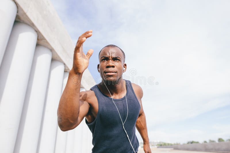 Front View Man Start Running on with Blue Sky in the Background Stock ...