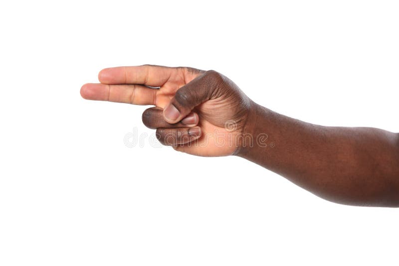 African American Man Showing Shoot Gesture On White Background Stock