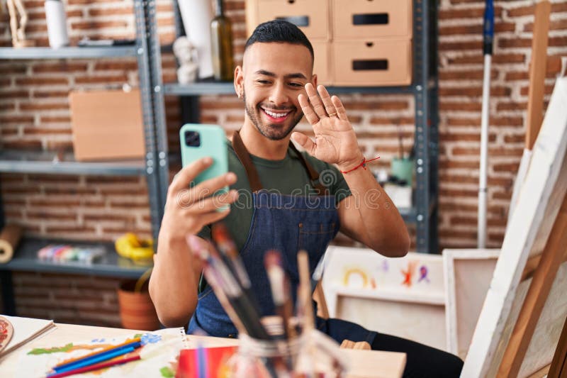 African American Man Smiling Confident Having Video Call at Art Studio ...
