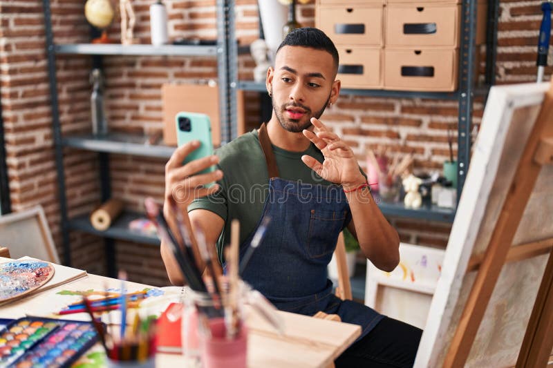 African American Man Smiling Confident Having Video Call at Art Studio ...