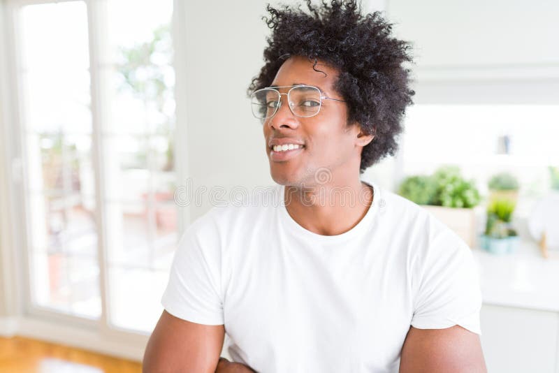 African American Man Wearing Glasses Smiling Looking Side And Staring