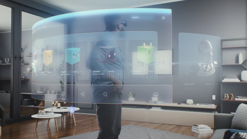 Man Using Virtual NFT Interface in Meta Universe Cyberspace Stock ...