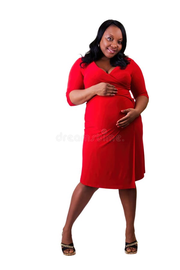 African American Pregnant Woman In Red Dress White Background Stock