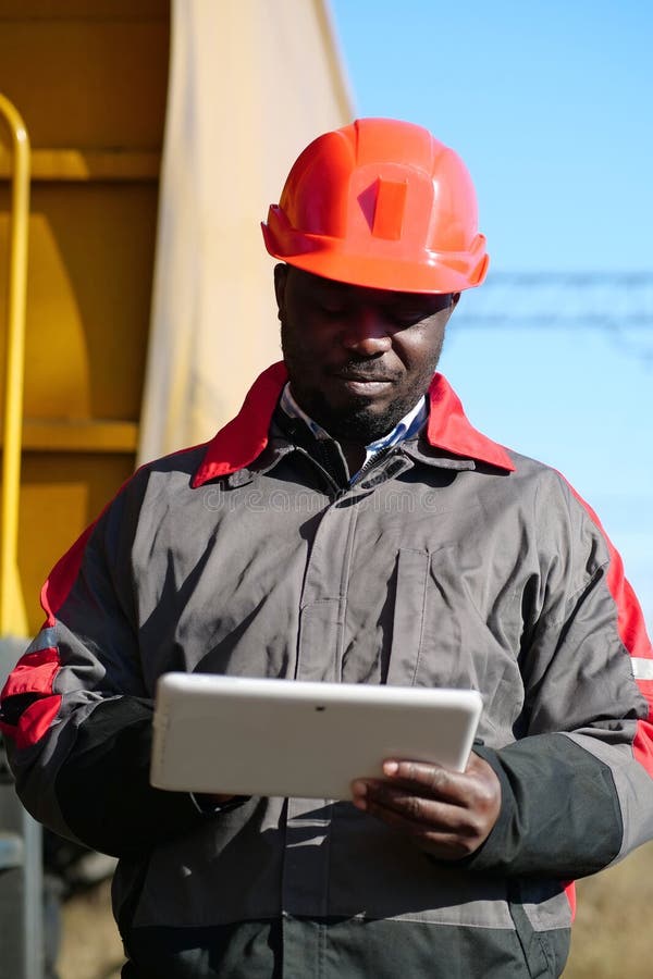 African American Railway Man with Tablet Computer at Freight Train ...