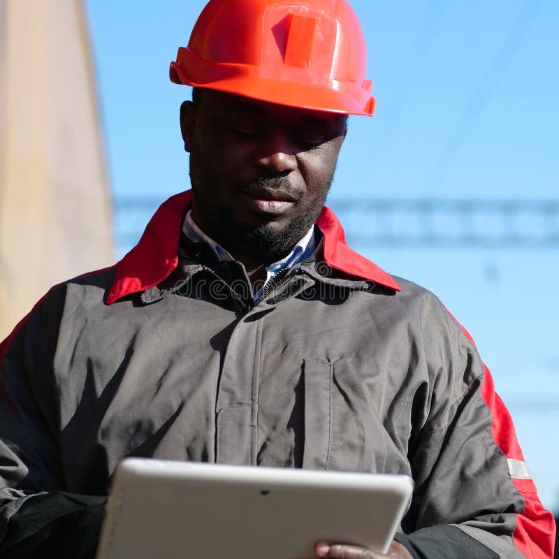 African American Railway Man with Tablet Computer at Freight Train ...