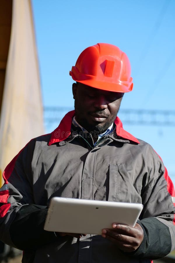African American Railway Man with Tablet Computer at Freight Train ...