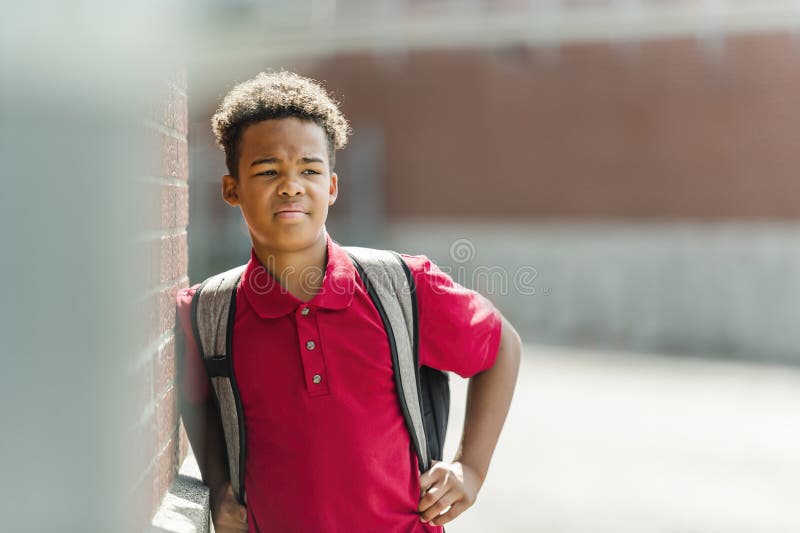 African American School Boy with Backpack Outside Stock Photo - Image ...