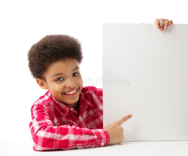 African American School Boy Pointing at White Blank Stock Image - Image ...