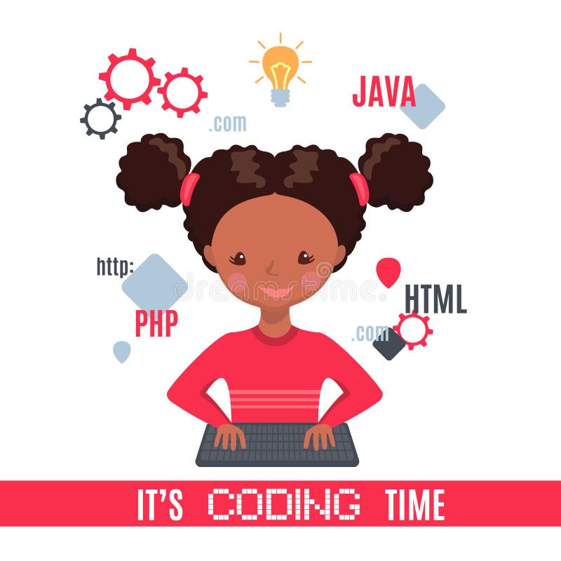 African American Smiling Girl Sitting At Laptop And Learning Coding