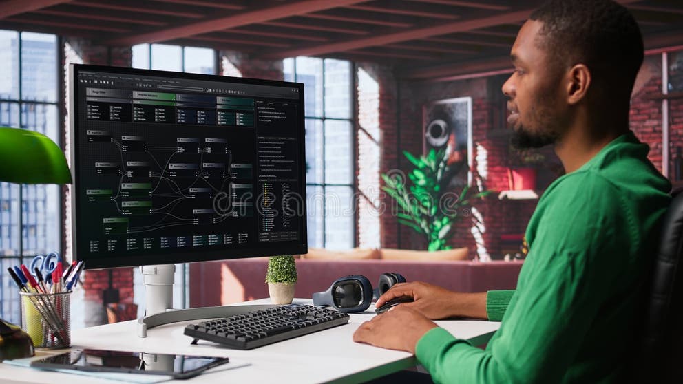 African American Software Developer Does Visual Coding and Creating ...