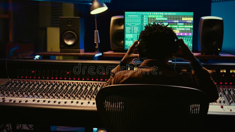 African American Sound Engineer Recording and Editing Tracks in Post ...