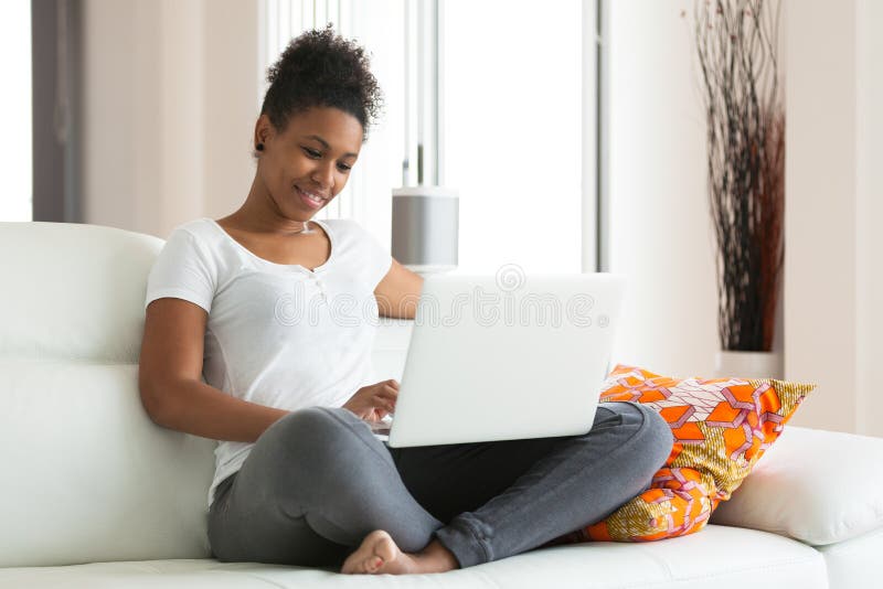 African American Student Girl Using a Laptop Computer - Black Pe Stock ...
