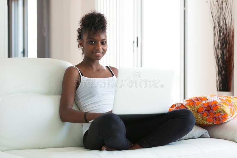 African American Student Girls Using a Laptop Computer - Black P Stock ...